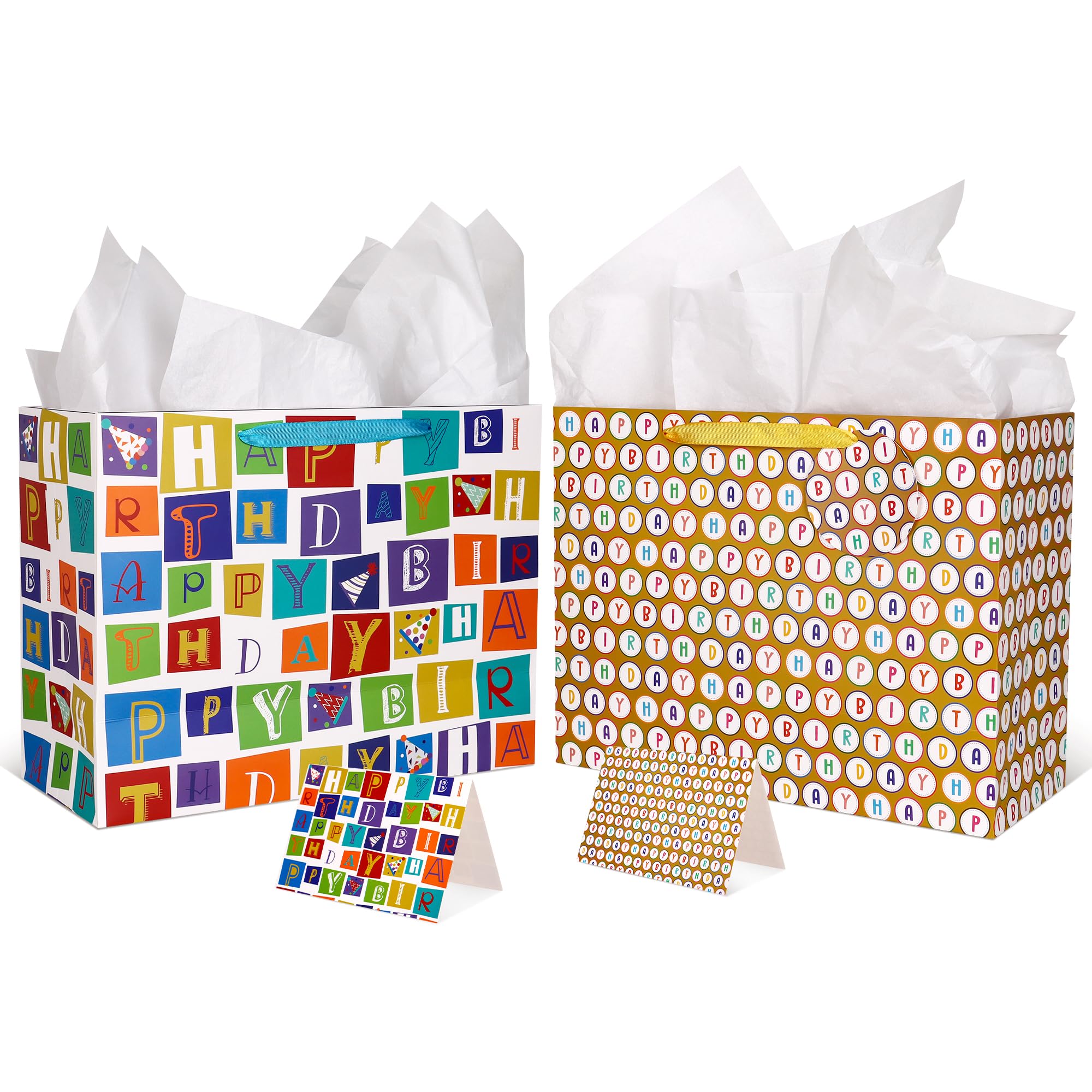 Giiffu 16.5" Extra Large Gift Bags for Birthday Party with Card and Tissue Paper (Pack of 2, Happy Birthday)