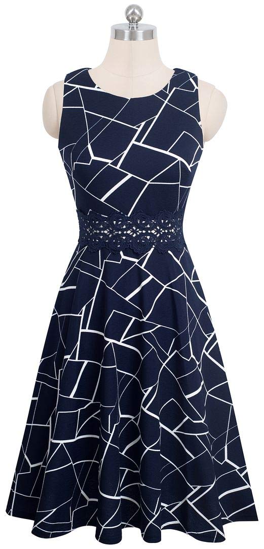 HOMEYEE Women's Sleeveless Cocktail A-Line Embroidery Casual Party Summer Wedding Guest Dress A079(4,Dark Blue Geometry)