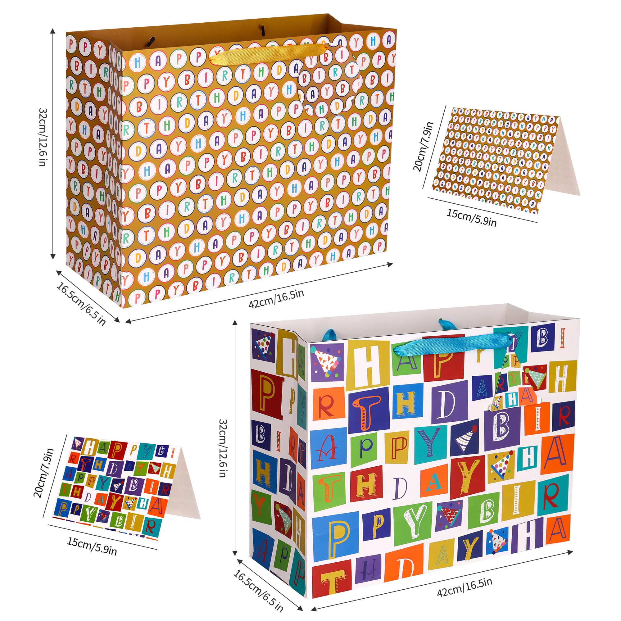 Giiffu 16.5" Extra Large Gift Bags for Birthday Party with Card and Tissue Paper (Pack of 2, Happy Birthday)