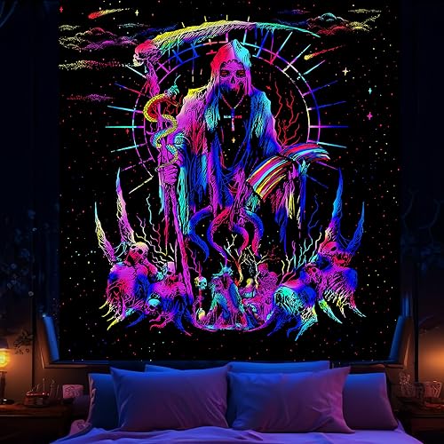Blacklight Skull Tapestry for Bedroom, Hippie Grim Reaper and Skeleton Posters Wall Hanging for Men Room Decor, Large Black Light Cool Gothic Tapestries for Men Living Room Dorm Decor (60in x 79in)