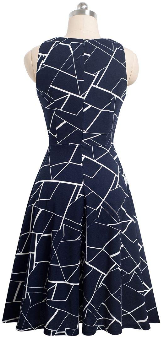 HOMEYEE Women's Sleeveless Cocktail A-Line Embroidery Casual Party Summer Wedding Guest Dress A079(4,Dark Blue Geometry)