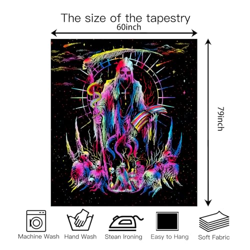 Blacklight Skull Tapestry for Bedroom, Hippie Grim Reaper and Skeleton Posters Wall Hanging for Men Room Decor, Large Black Light Cool Gothic Tapestries for Men Living Room Dorm Decor (60in x 79in)