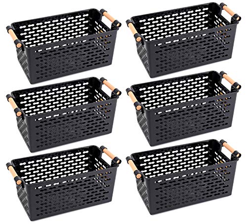 Yesland 6 Pack Plastic Storage Basket, Black Basket / Organizer / Bin with Handles for Home Office Closet