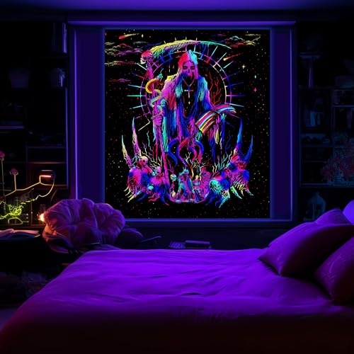 Blacklight Skull Tapestry for Bedroom, Hippie Grim Reaper and Skeleton Posters Wall Hanging for Men Room Decor, Large Black Light Cool Gothic Tapestries for Men Living Room Dorm Decor (60in x 79in)