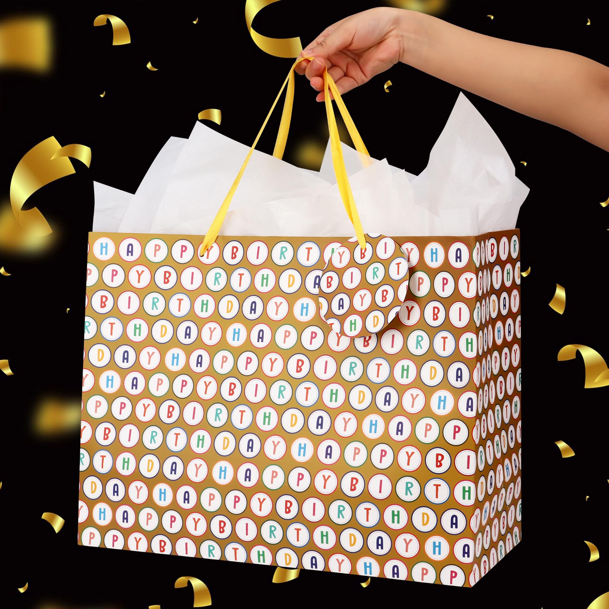 Giiffu 16.5" Extra Large Gift Bags for Birthday Party with Card and Tissue Paper (Pack of 2, Happy Birthday)
