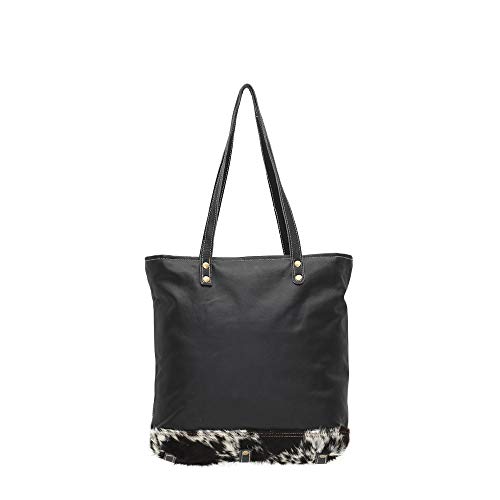 Myra Bags Black Shades Genuine Leather with Animal Print Tote Bag S-0980