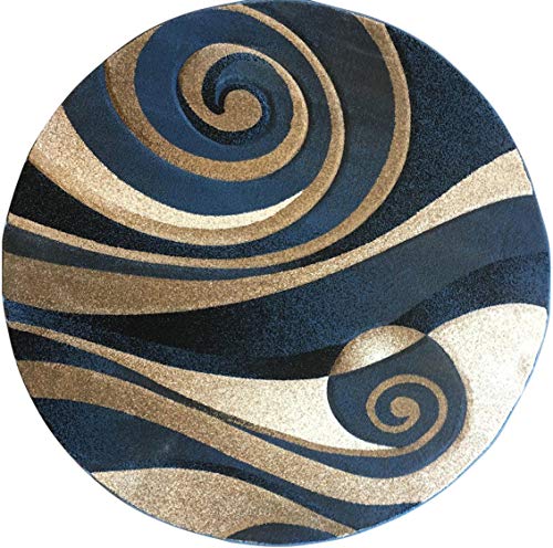 Sculpture Modern Round Area Rug Blue Beige Design 258 (5 Feet 6 Inch X 5 Feet 6 Inch)
