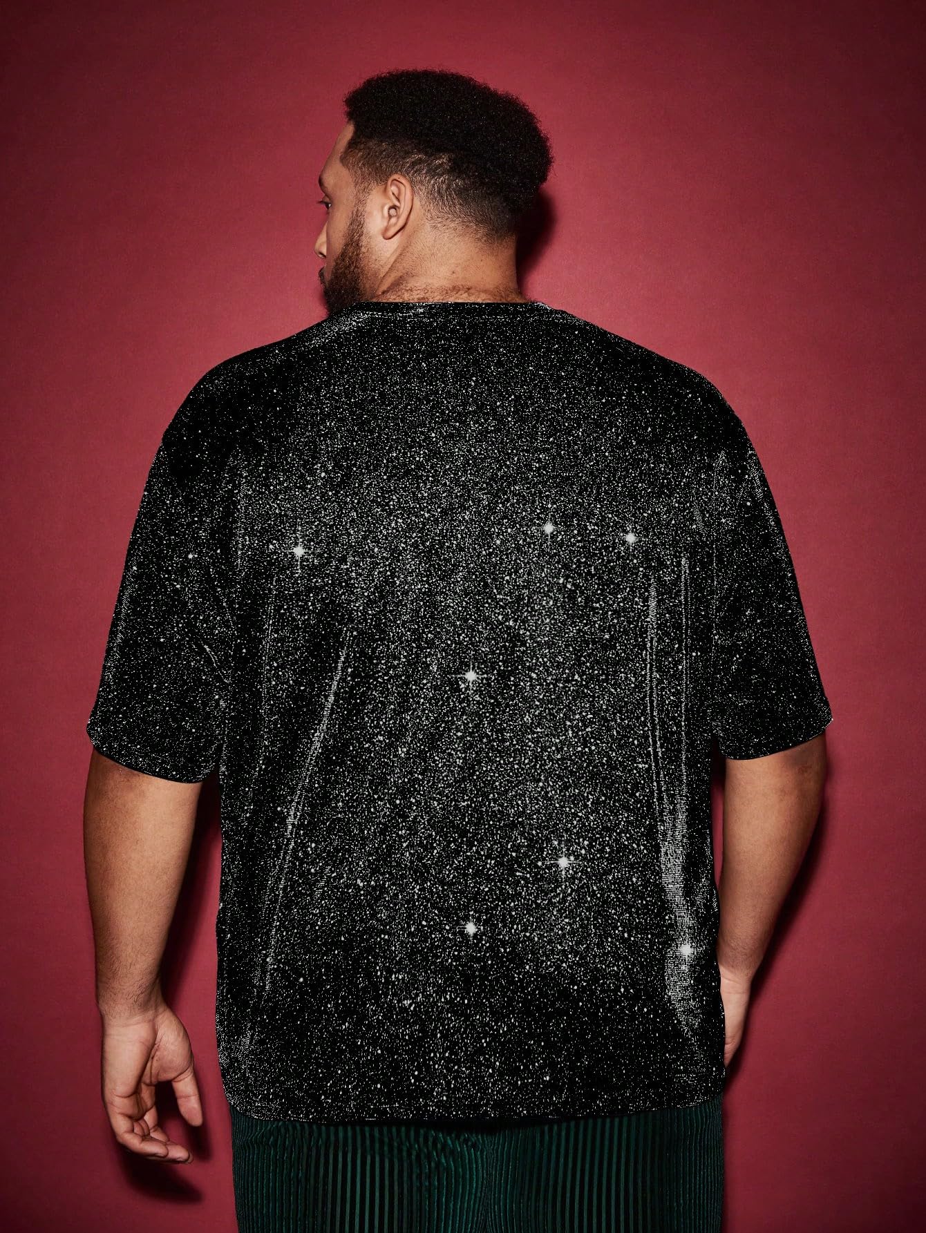 WDIRARA Men's Plus Size Giltter Round Neck T Shirt Short Sleeve Sparkly Party Tee Tops Black Glitter 6XL