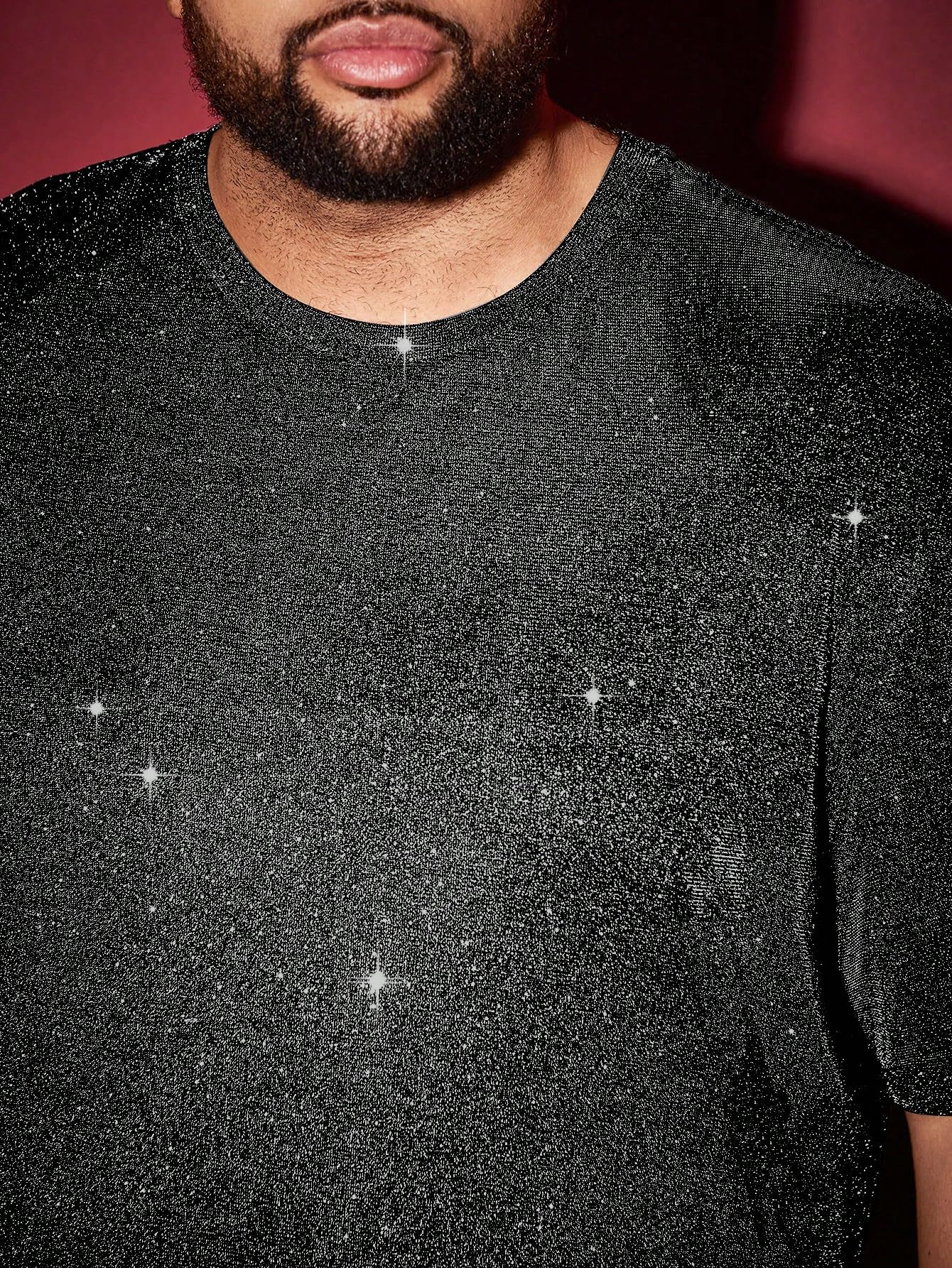 WDIRARA Men's Plus Size Giltter Round Neck T Shirt Short Sleeve Sparkly Party Tee Tops Black Glitter 6XL