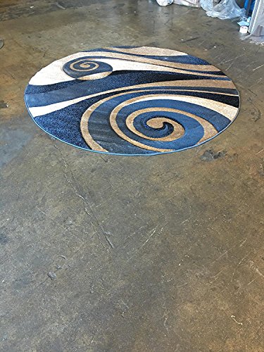 Sculpture Modern Round Area Rug Blue Beige Design 258 (5 Feet 6 Inch X 5 Feet 6 Inch)