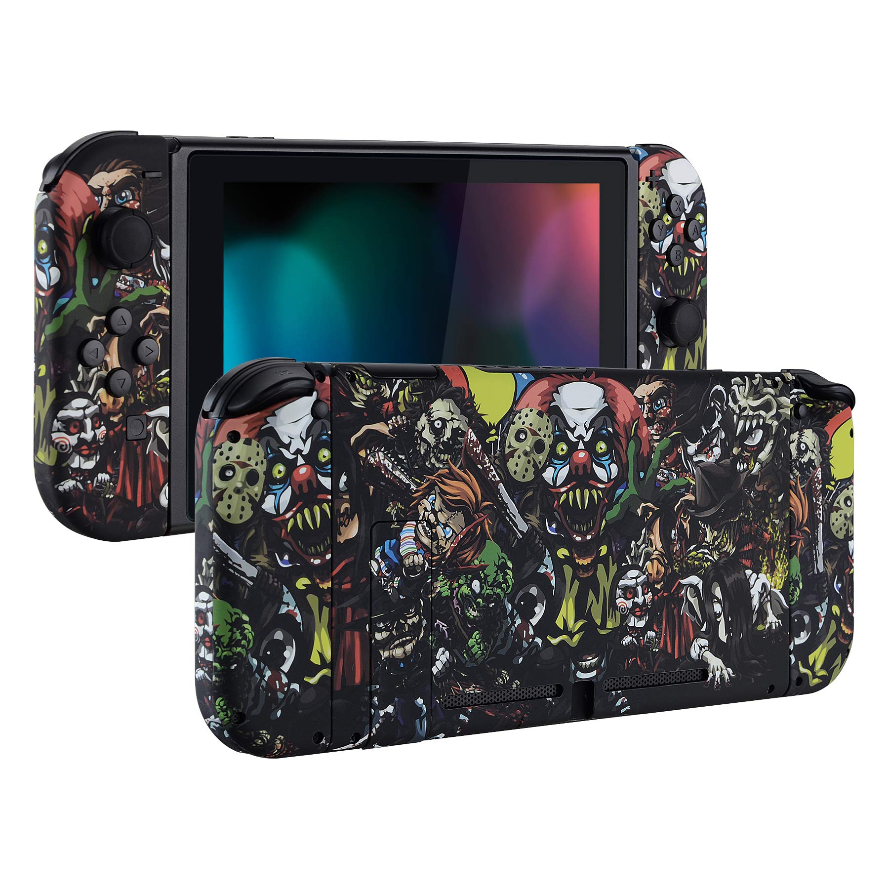 eXtremeRate DIY Replacement Shell Buttons for Nintendo Switch, Soft Touch Back Plate for Switch Console, Custom Housing Case with Full Set Buttons for Joycon Handheld Controller - Scary Party