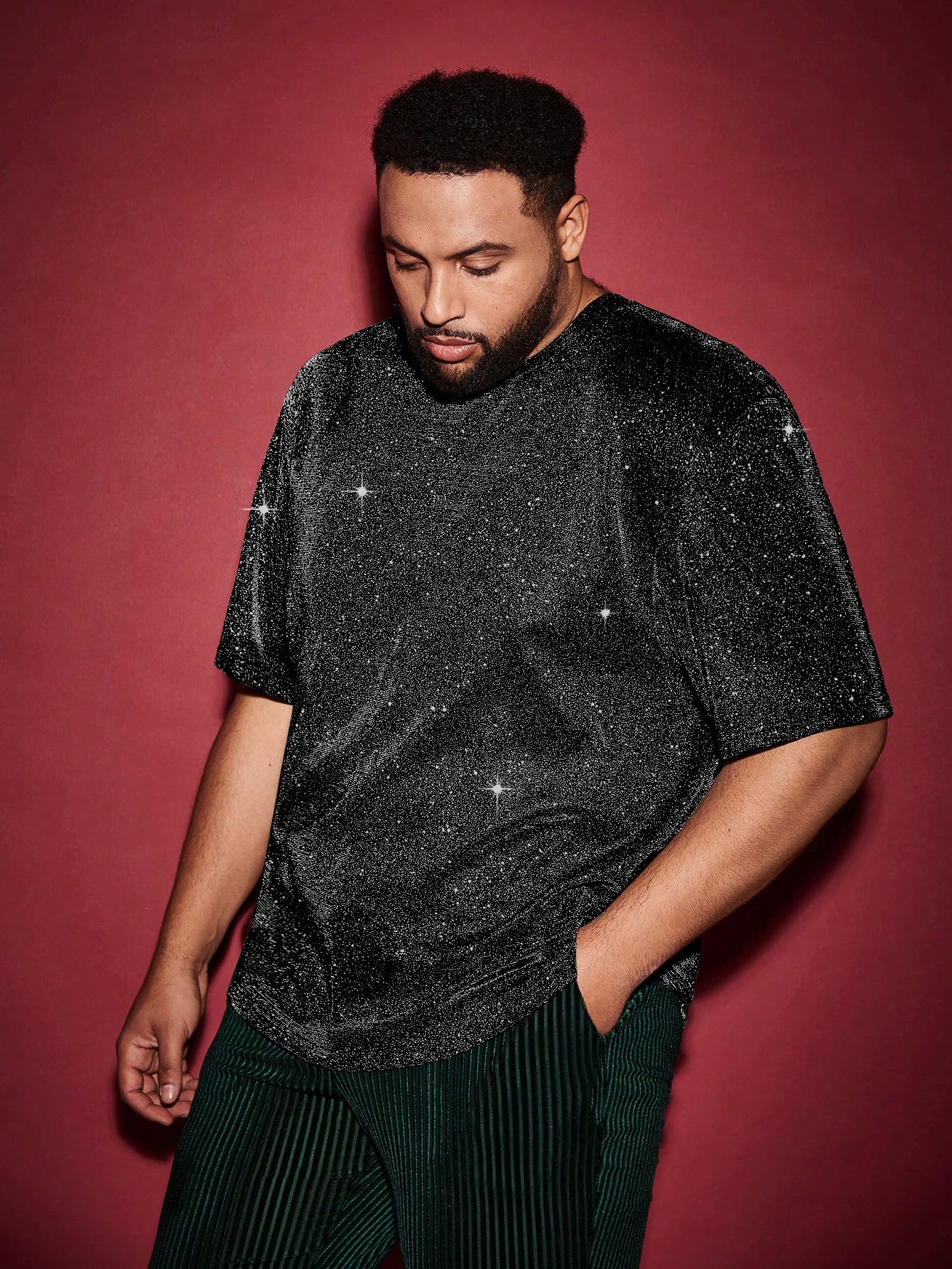 WDIRARA Men's Plus Size Giltter Round Neck T Shirt Short Sleeve Sparkly Party Tee Tops Black Glitter 6XL