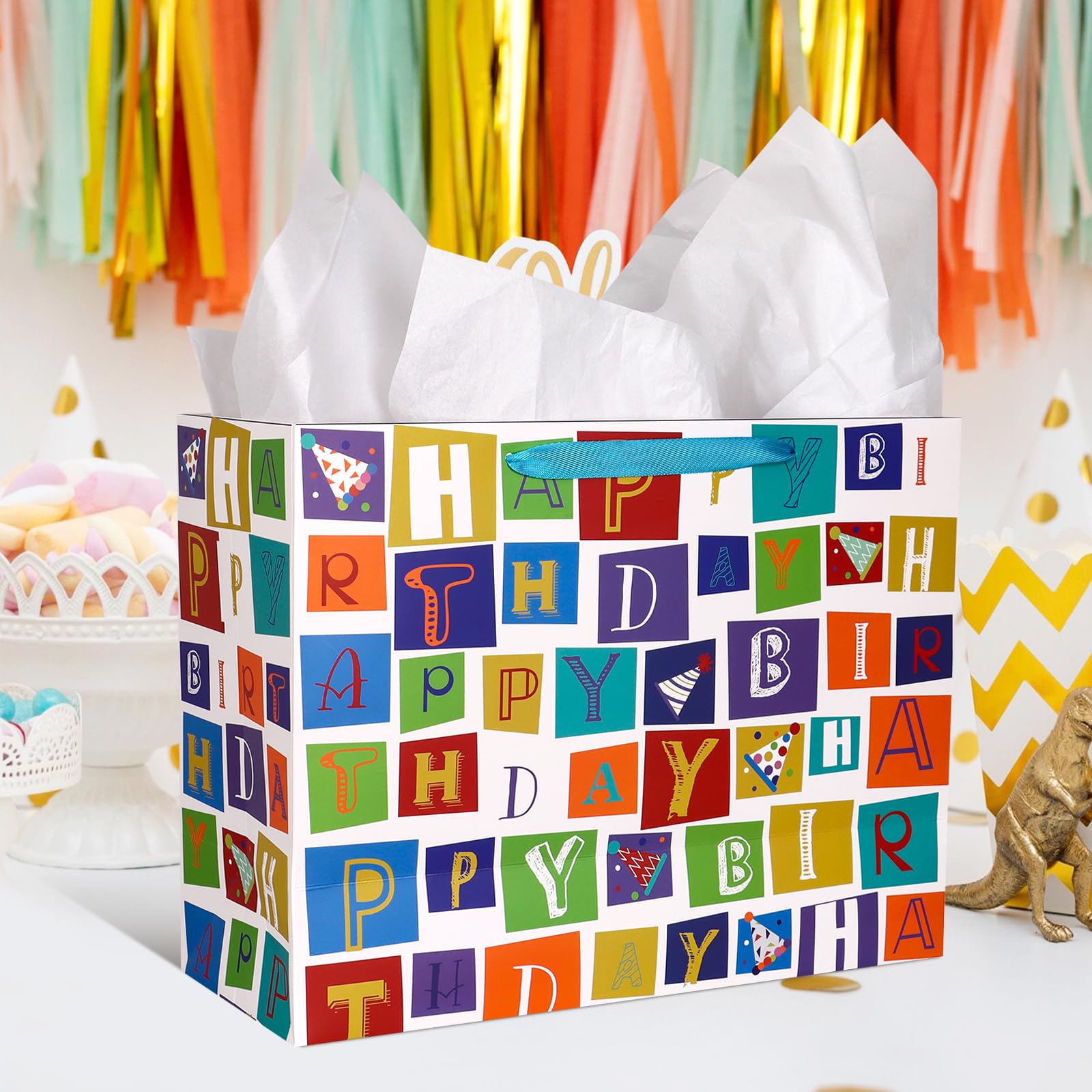 Giiffu 16.5" Extra Large Gift Bags for Birthday Party with Card and Tissue Paper (Pack of 2, Happy Birthday)