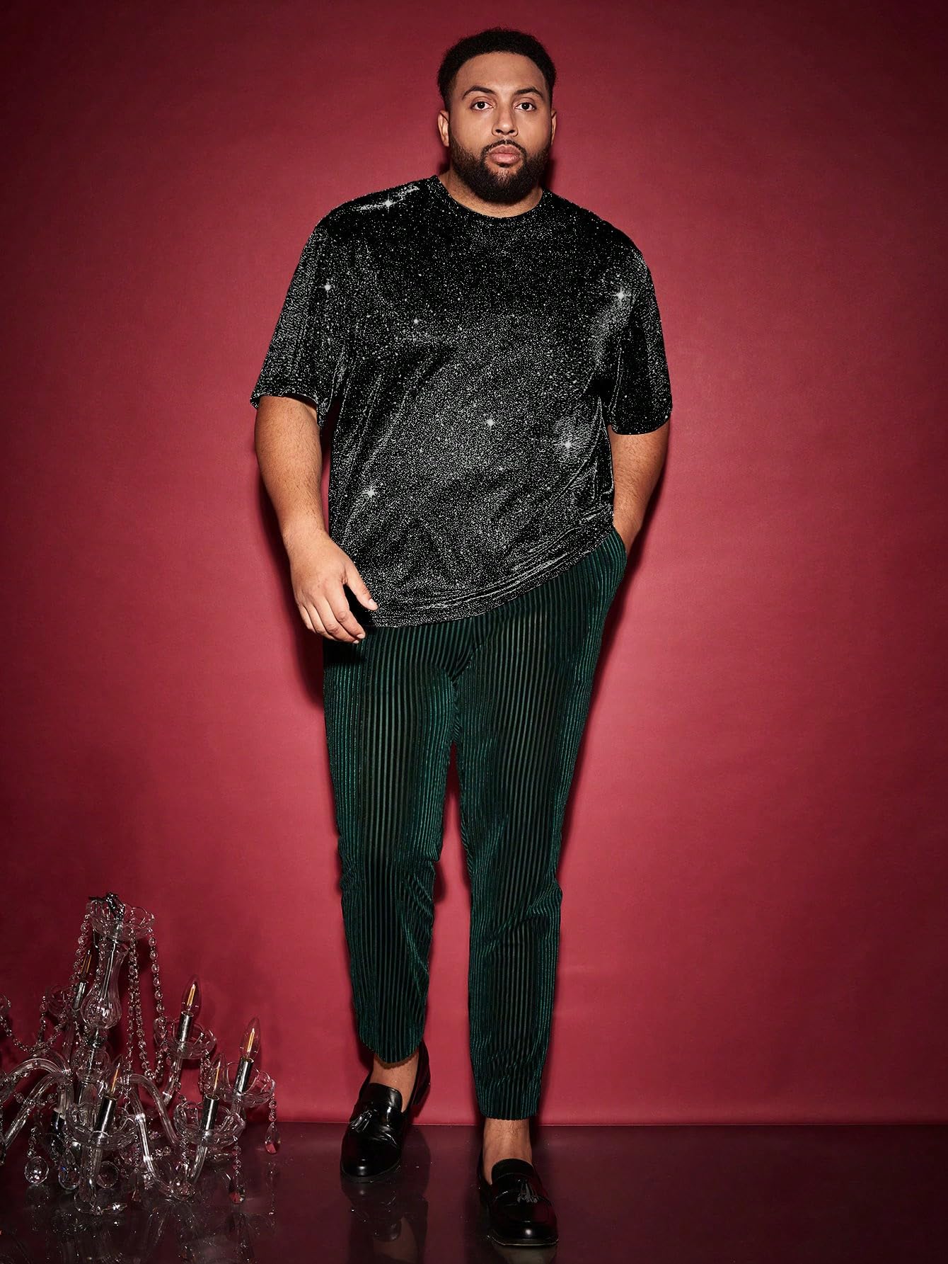 WDIRARA Men's Plus Size Giltter Round Neck T Shirt Short Sleeve Sparkly Party Tee Tops Black Glitter 6XL