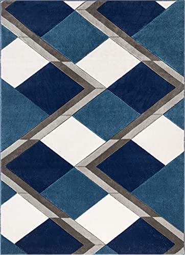Well Woven Good Vibes Nora Blue Modern Geometric Stripes and Boxes 5'3" x 7'3" 3D Texture Area Rug, 5 ft 3 in x 7 ft 3