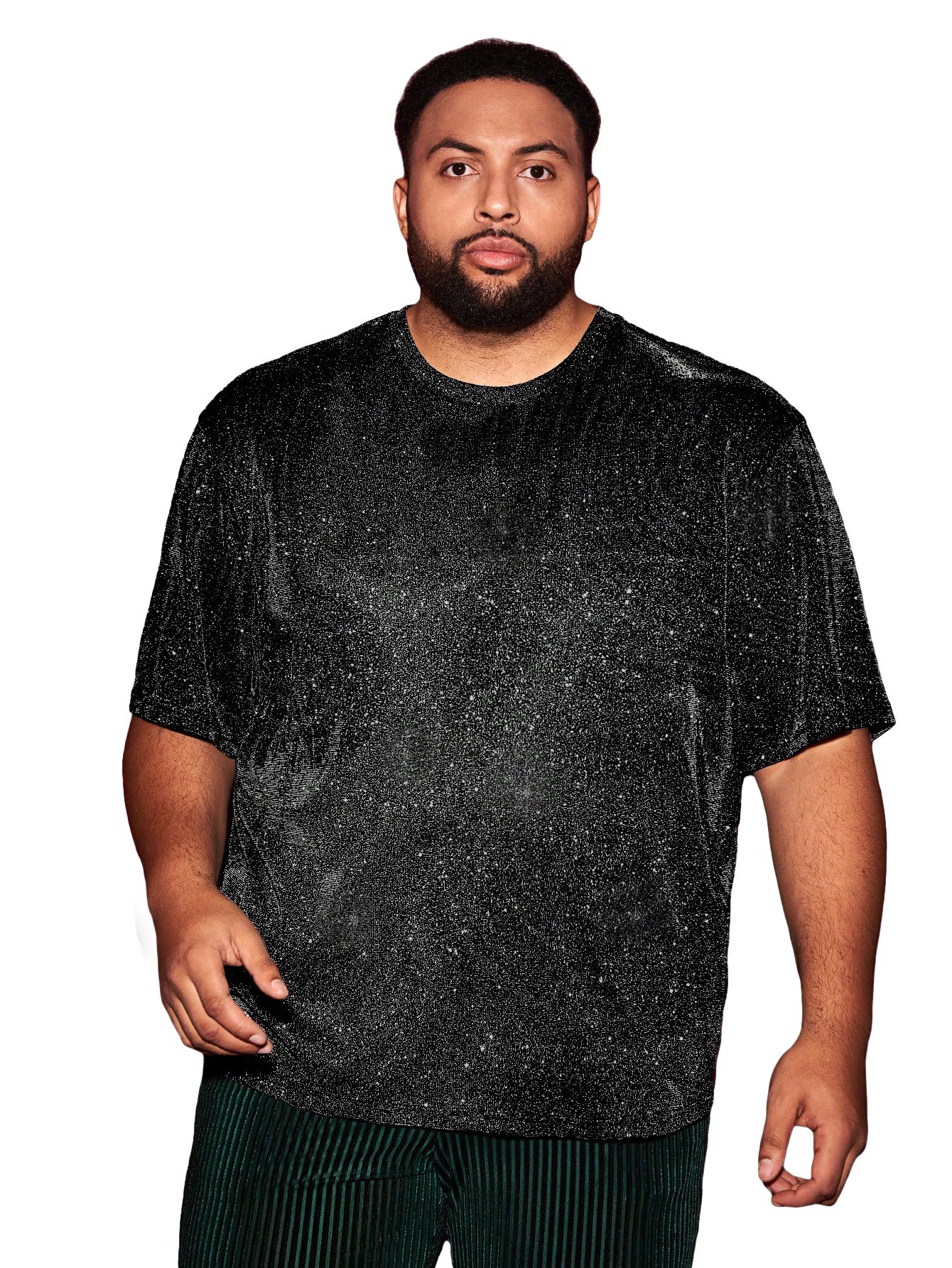 WDIRARA Men's Plus Size Giltter Round Neck T Shirt Short Sleeve Sparkly Party Tee Tops Black Glitter 6XL