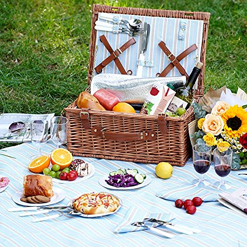 Wicker Picnic Basket Set for 4 Persons | Large Willow Hamper with Large Insulated Cooler Compartment, Free Waterproof Blanket and Cutlery Service Kit-Classical Brown