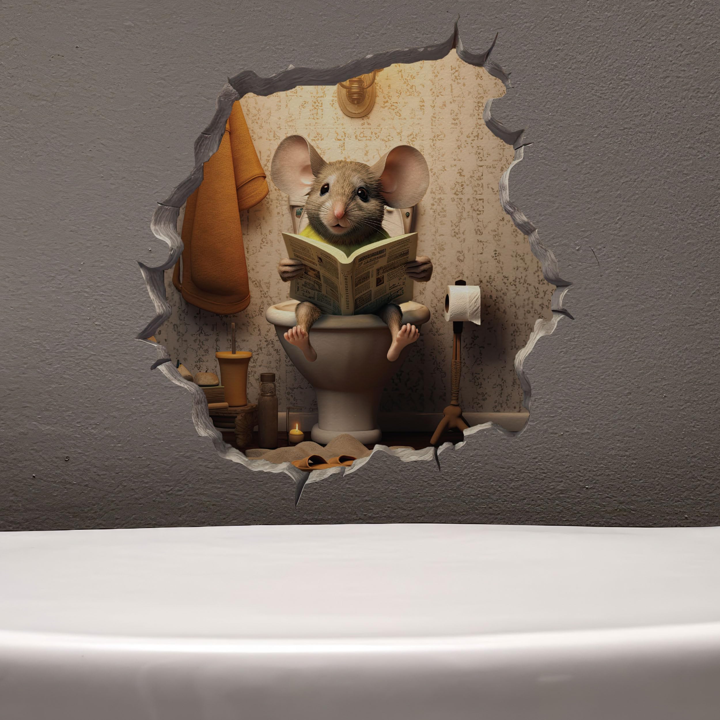 Mouse Sitting on Toilet in Mouse Hole Decal - Mouse Hole Sticker with 3D Effect - Funny Gift - Potty Training Gift Idea