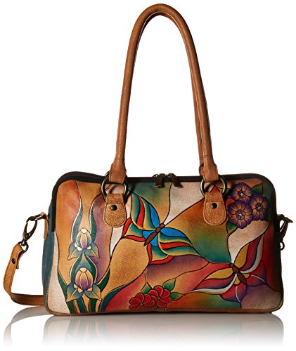 Anna by Anuschka Satchel Handbag-Leather, Butterfly Glass Painting