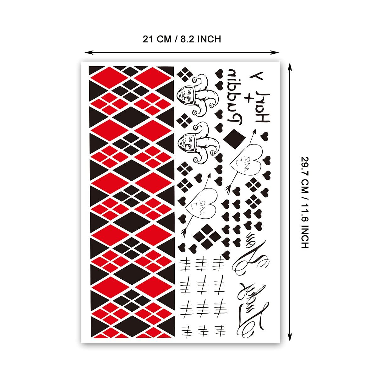 3-Pack Large Cosplay Clown Prince JOKAR & HARLI QUYNN Temporary Tattoos β 8.2 x 11.6 Inch Fake Tattoos for Cosplay, Halloween, and Parties