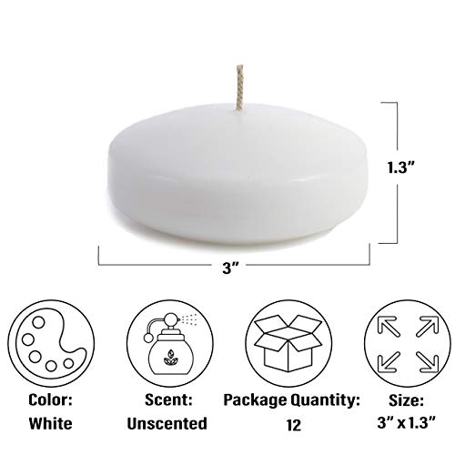 CandleNScent Unscented Floating Candles | Large 3 Inch - Fits in 3 Inch Vase and Above | White| Floats On Water | Pack of 12