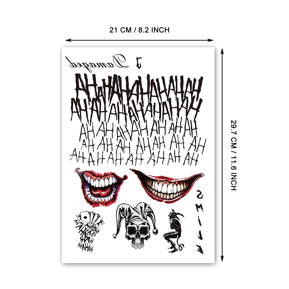 3-Pack Large Cosplay Clown Prince JOKAR & HARLI QUYNN Temporary Tattoos β 8.2 x 11.6 Inch Fake Tattoos for Cosplay, Halloween, and Parties