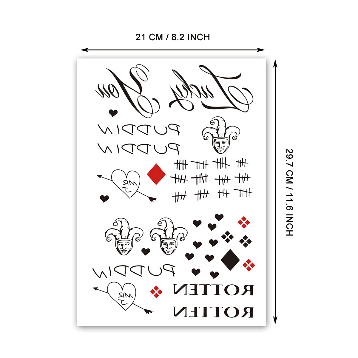 3-Pack Large Cosplay Clown Prince JOKAR & HARLI QUYNN Temporary Tattoos β 8.2 x 11.6 Inch Fake Tattoos for Cosplay, Halloween, and Parties