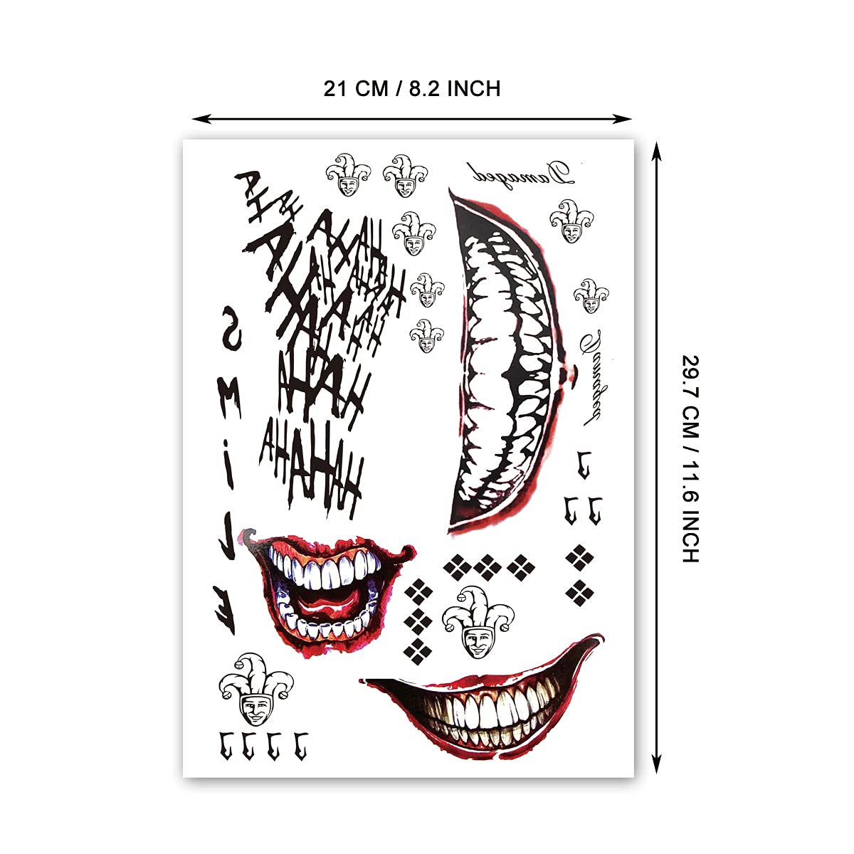 3-Pack Large Cosplay Clown Prince JOKAR & HARLI QUYNN Temporary Tattoos β 8.2 x 11.6 Inch Fake Tattoos for Cosplay, Halloween, and Parties