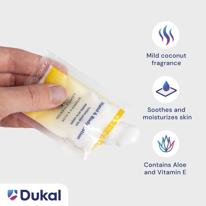 Dukal Moisturizing Lotion. Pack of 100 Hand & Body Lotion. Mild Coconut Fragrance Contains Aloe, Vitamin E, Alcohol-free formula Moisture Loss Prevention 0.35 oz Single-Use Packet. Scented Body Lotion