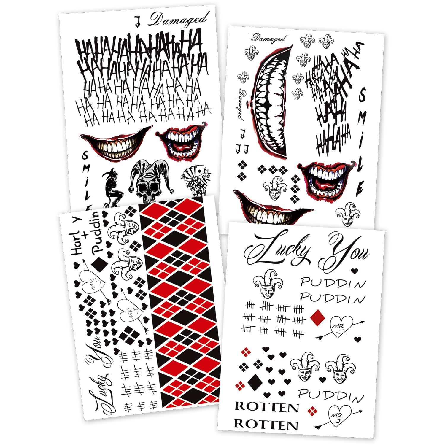 3-Pack Large Cosplay Clown Prince JOKAR & HARLI QUYNN Temporary Tattoos – 8.2 x 11.6 Inch Fake Tattoos for Cosplay, Halloween, and Parties
