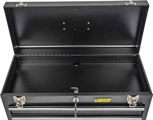JEGS 3-Drawer Toolbox - Metal Toolbox with Ball-Bearing Drawer Slides - Rust-Resistant Latches - Black Powder Coat Finish - Includes Lock and Keys