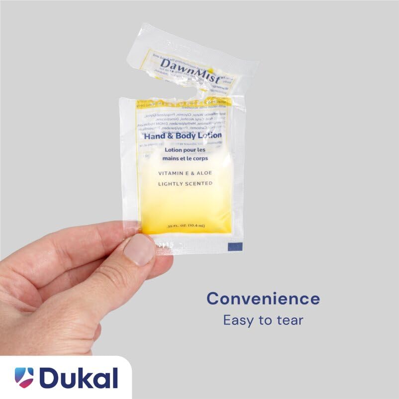 Dukal Moisturizing Lotion. Pack of 100 Hand & Body Lotion. Mild Coconut Fragrance Contains Aloe, Vitamin E, Alcohol-free formula Moisture Loss Prevention 0.35 oz Single-Use Packet. Scented Body Lotion