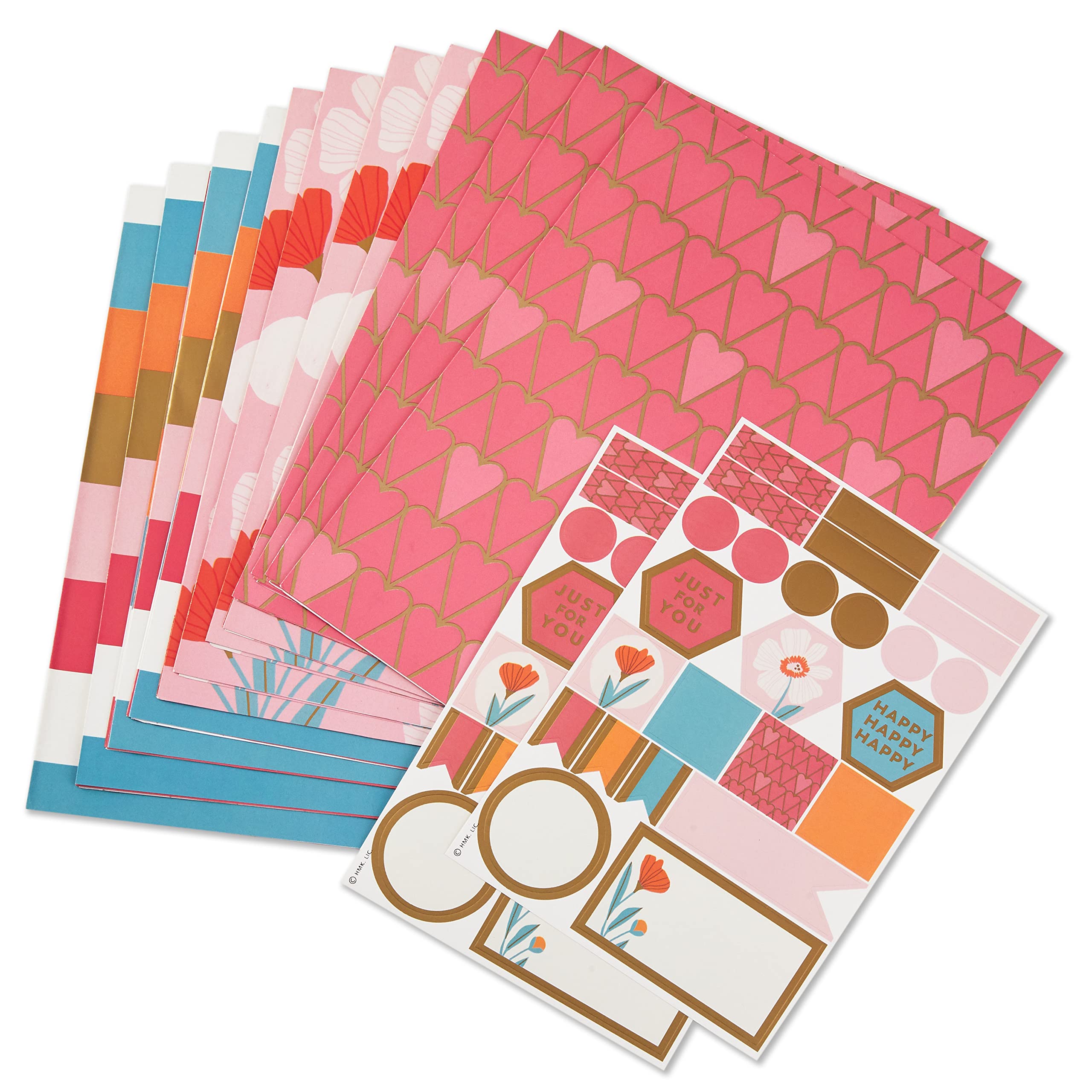 Hallmark Pink Flat Wrapping Paper Sheets with Cutlines on Reverse (12 Folded Sheets with Sticker Seals) Spring Flowers, Stripes, Hearts for Valentine's Day, Easter, Mother's Day, Bridal Showers