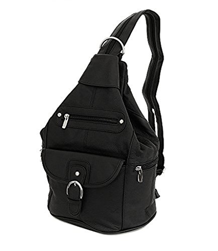 Womens Leather Convertible 7 Pocket Medium Size Tear Drop Sling Backpack Purse Shoulder Bag, Black