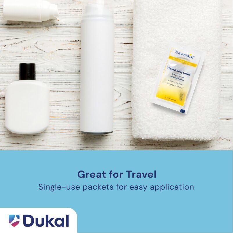 Dukal Moisturizing Lotion. Pack of 100 Hand & Body Lotion. Mild Coconut Fragrance Contains Aloe, Vitamin E, Alcohol-free formula Moisture Loss Prevention 0.35 oz Single-Use Packet. Scented Body Lotion