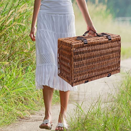 Flexzion Picnic Basket for 4 Person, Rectangular Wicker Picnic Basket Set, Insulated Picnic Case with Waterproof Lining and Blanket, Napkins, Cutlery Set, Wine Glasses, Bottle Opener and Plates