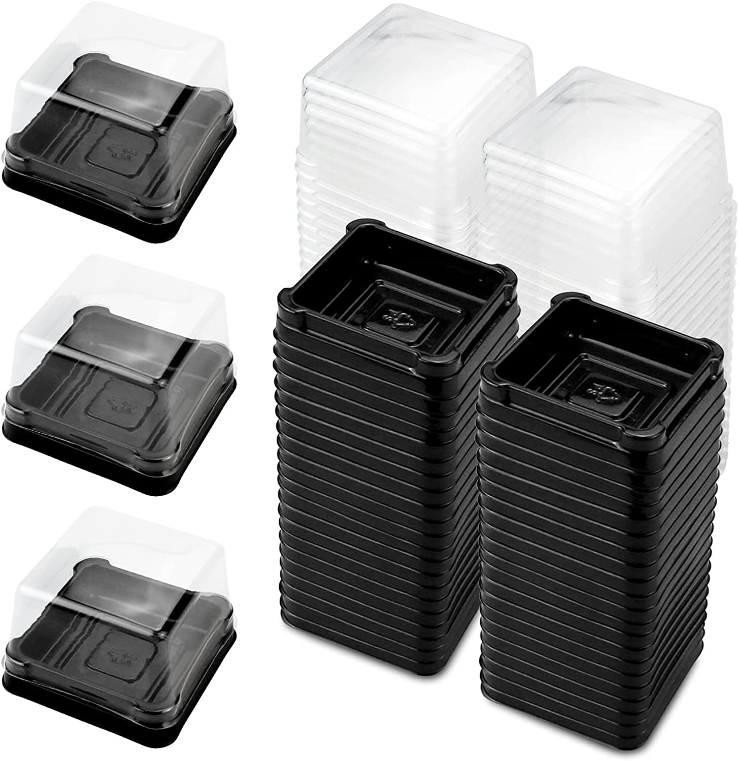 Pralb 100 Set Clear Plastic Mini Cupcake Boxes Muffin Pod Dome Muffin Single Container Box Wedding Birthday Gifts Supplies for Cheese Pastry Dessert Mooncake (square, black)