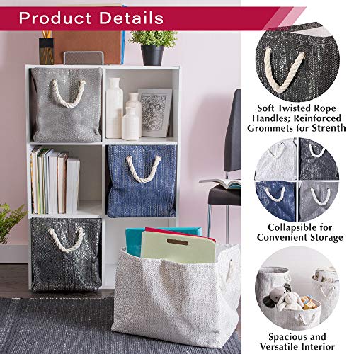 DII Woven Paper Storage Bin, Metallic Lurex, White, Medium Round