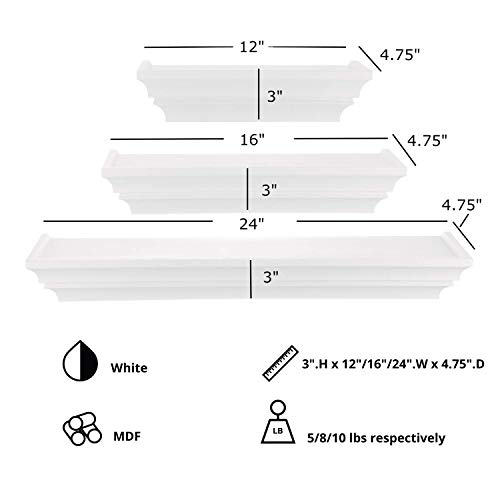 Kiera Grace Kieragrace Traditional Floating-Shelves, Set of 3 (12"W, 16"W, 24"W), White