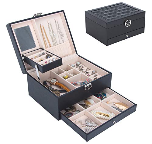 Jewelry Box Organizer Three-Layers Leather Jewelry Display Case Retro Lock Mirror (Three-Layers, Black)