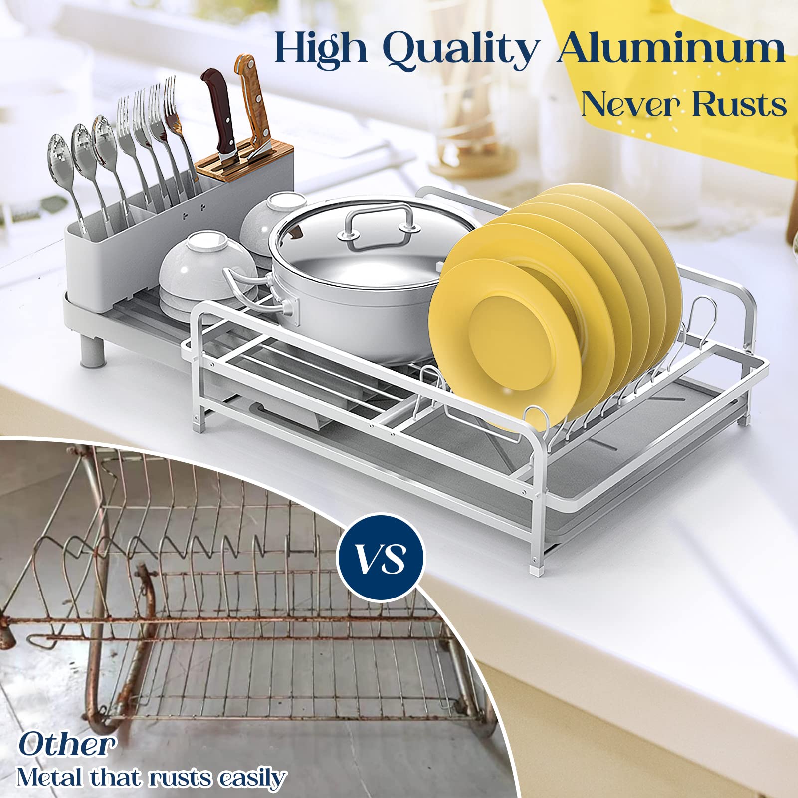ACMETOP Dish Drying Rack 19" to 27" Expandable Large Capacity Dish Rack Heavy Duty Dish Drainer with Removable Cutlery Rack Cup Holder Aluminium Dish Racks for Kitchen Counter
