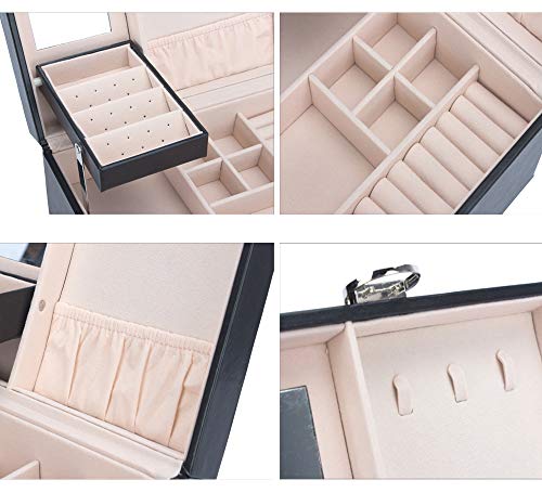 Jewelry Box Organizer Three-Layers Leather Jewelry Display Case Retro Lock Mirror (Three-Layers, Black)