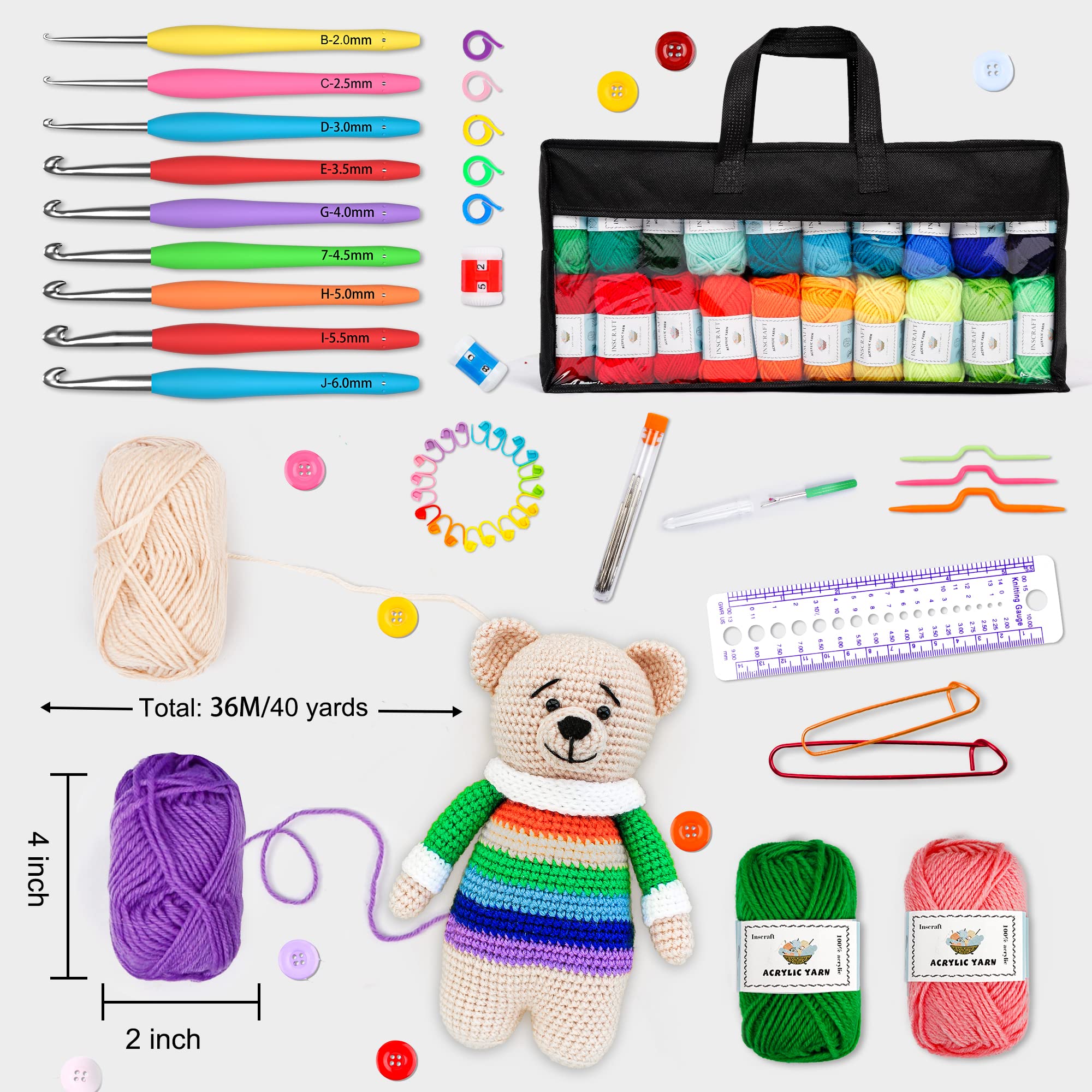 113 Piece Crochet Kit with Yarn Set–1600 Yards Assorted Yarn for Knitting and Crochet, 73PCS Crochet Accessories Set Including Ergonomic Hooks, Knitting Needles & More Ideal Beginner Kit