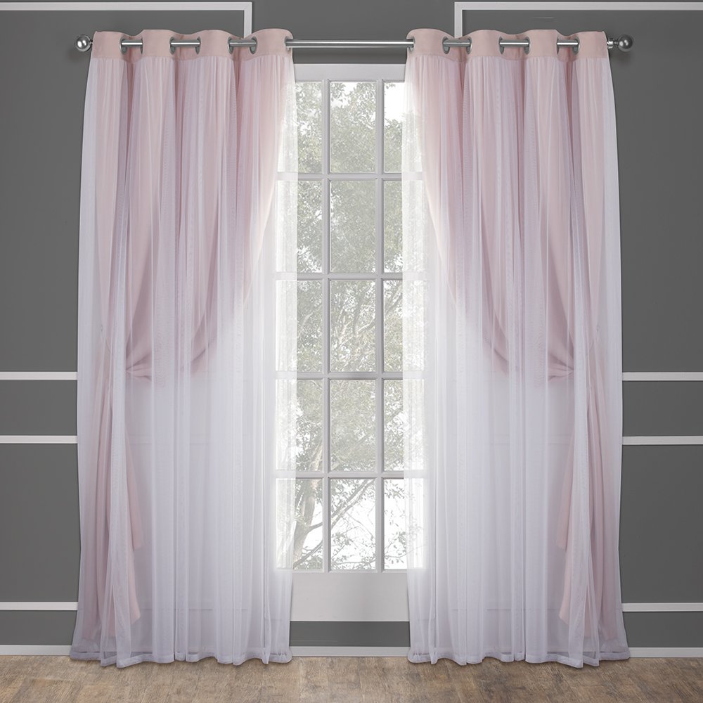Exclusive Home Catarina Layered Solid Room Darkening Blackout and Sheer Grommet Top Curtain Panel Pair, 52"x84", Rose Blush