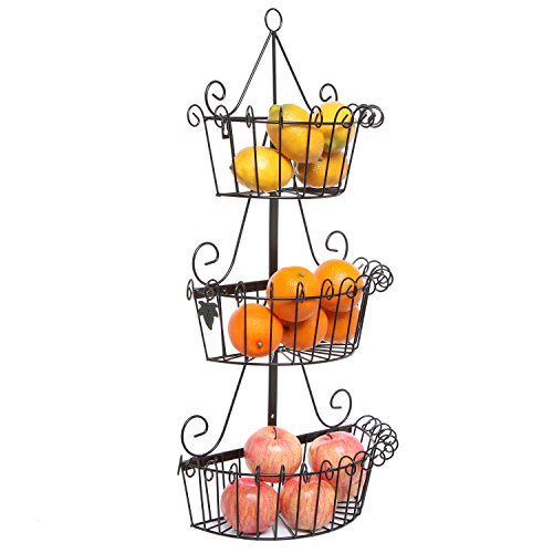 MyGift Wall Mounted Black Metal Fruit Basket, 3 Tier Hanging Shelf Produce and Vegetable Storage Rack with Scrollwork Design