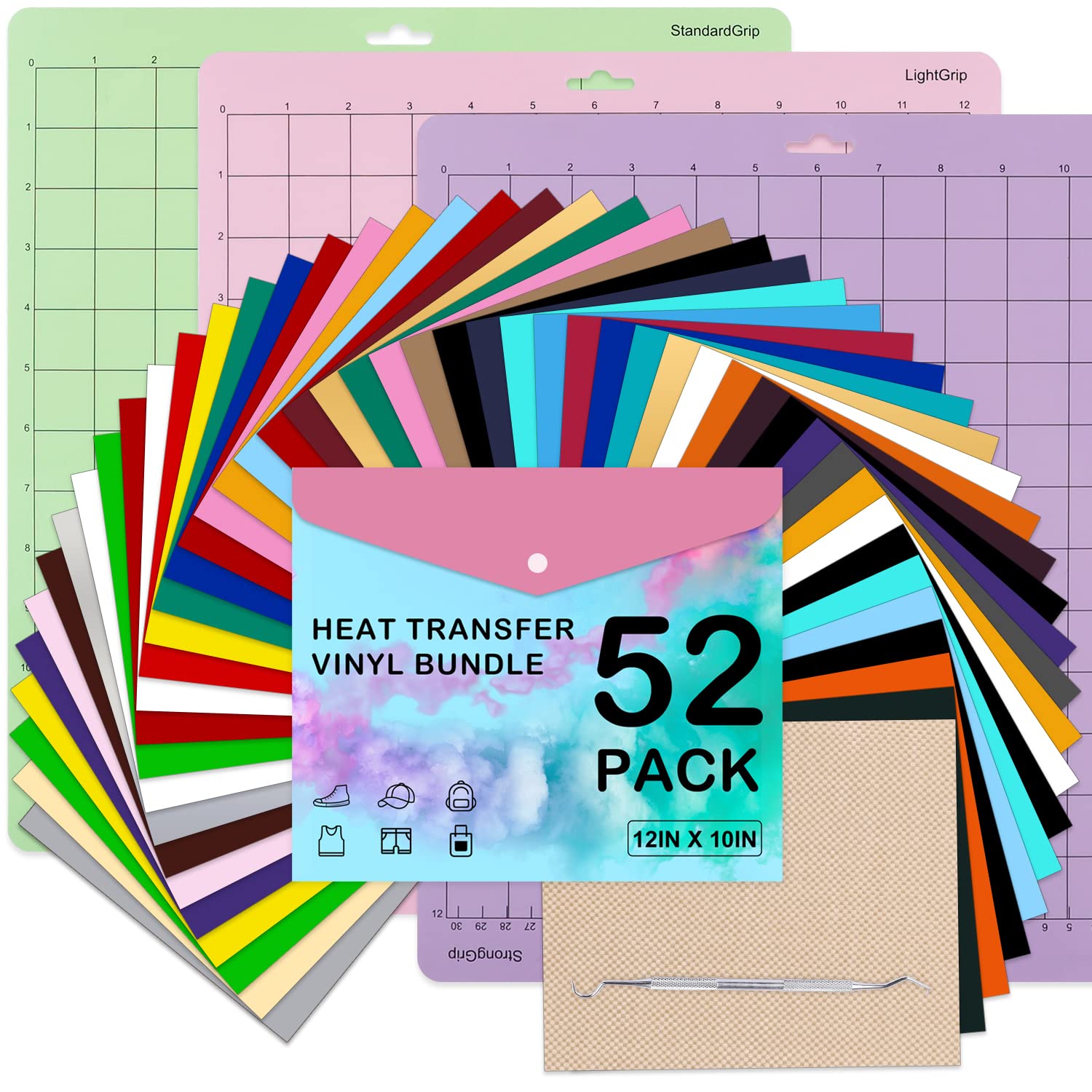 FURWEY HTV Heat Transfer Vinyl Bundle: 52 Pack 12" x 10" Iron on Vinyl for T-Shirt, 30 Assorted Colors with HTV Accessories Tweezers, HTV Vinyl Sheets