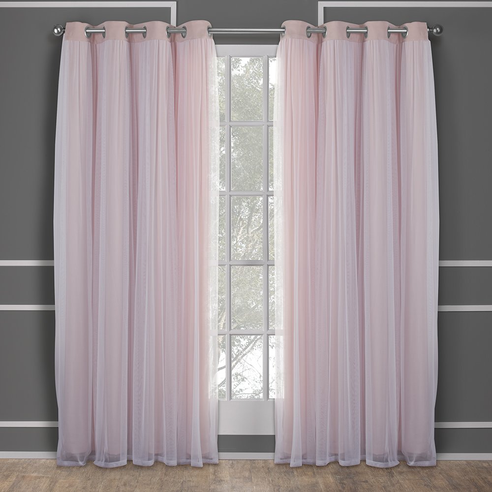 Exclusive Home Catarina Layered Solid Room Darkening Blackout and Sheer Grommet Top Curtain Panel Pair, 52"x84", Rose Blush