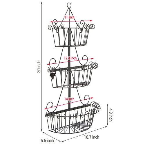 MyGift Wall Mounted Black Metal Fruit Basket, 3 Tier Hanging Shelf Produce and Vegetable Storage Rack with Scrollwork Design