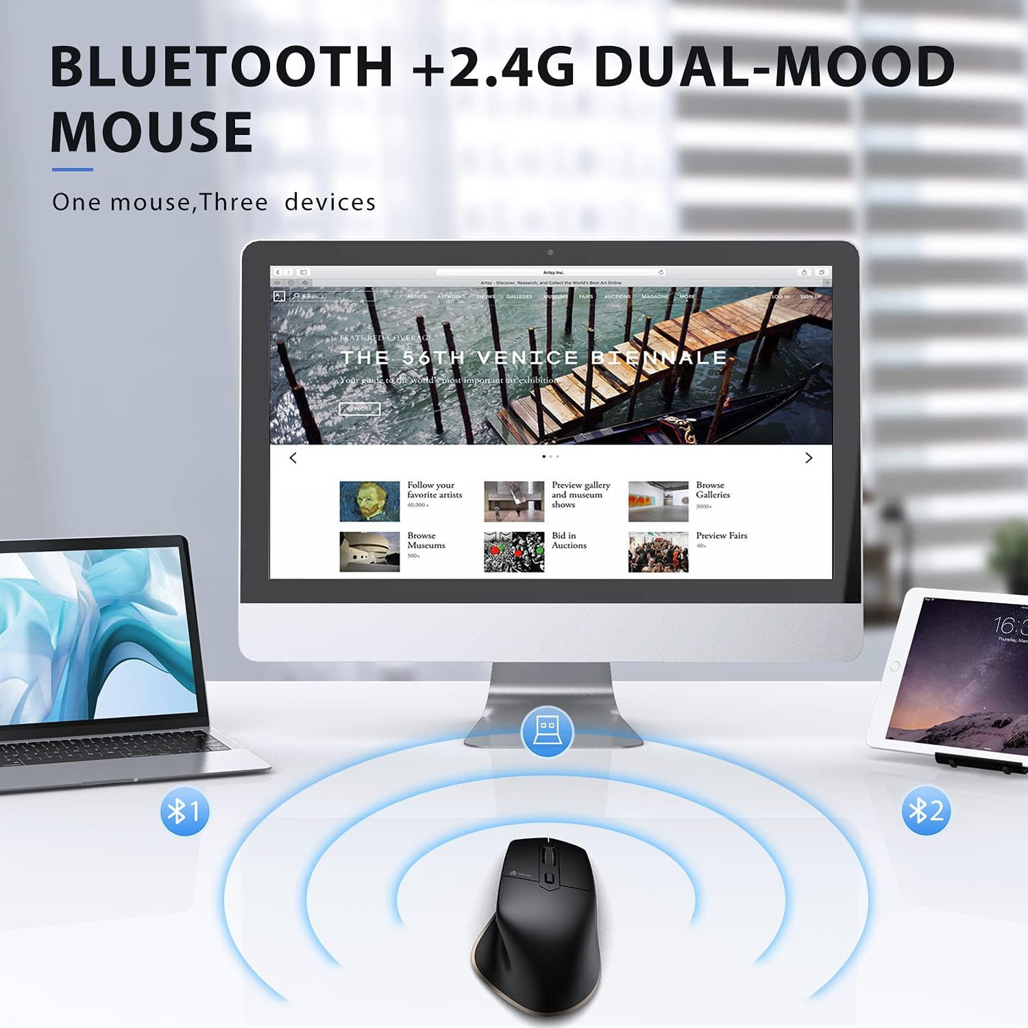 iClever Wireless Mouse with Bluetooth or USB Receiver, 5 Adjustable 2400DPI Rechargeable Computer Mouse, Wireless Mouse for Laptop, iPad, MacBook, Tablet, PC