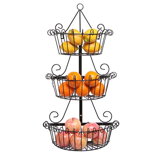 MyGift Wall Mounted Black Metal Fruit Basket, 3 Tier Hanging Shelf Produce and Vegetable Storage Rack with Scrollwork Design